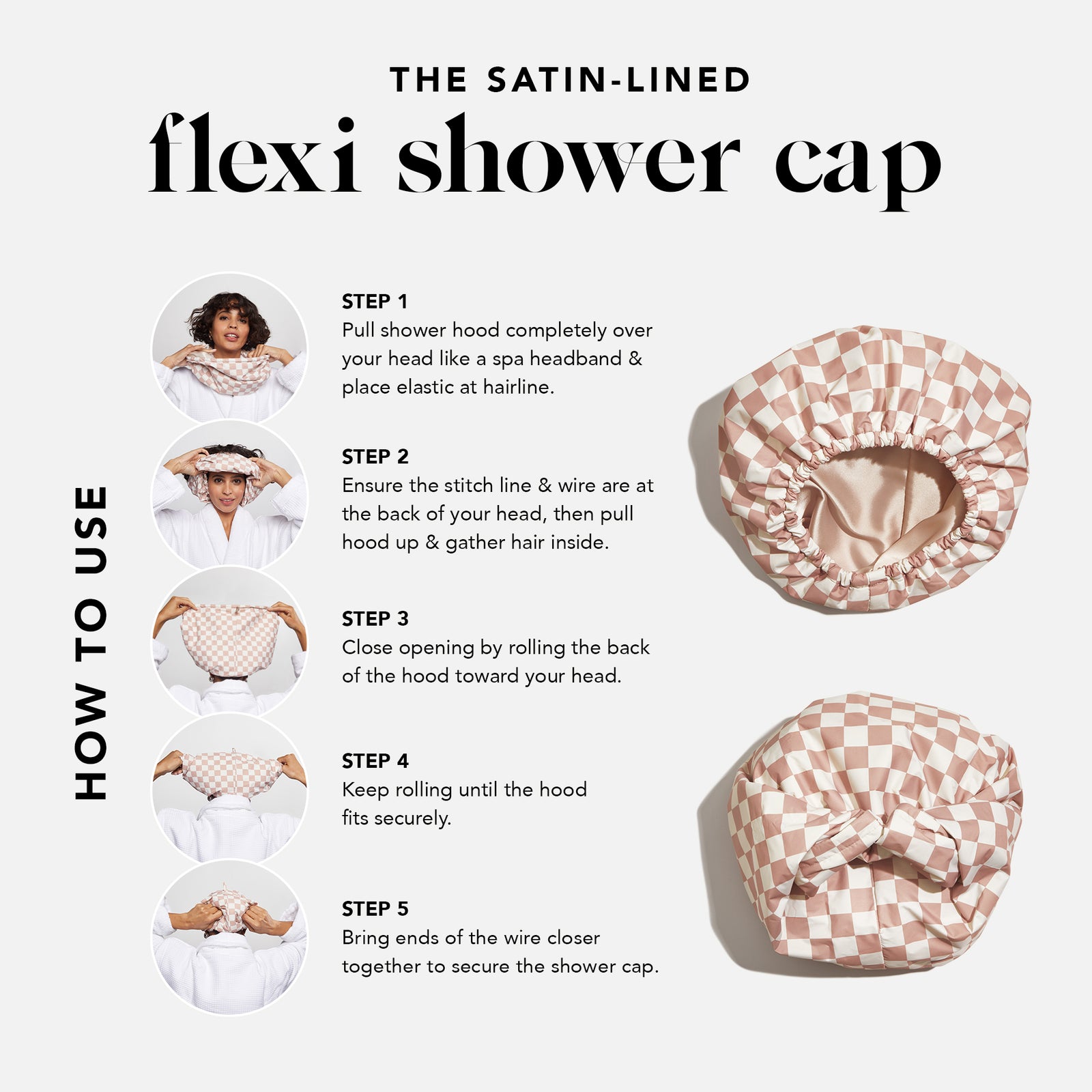 Satin Lined Flexi Shower Cap - Terracotta Checker – KITSCH